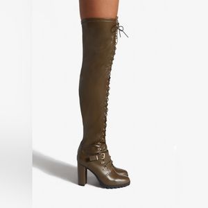 Shoe Dazzle | Shoes | Tall Lace Up Block Heel Combat Boot In Dark Olive ...